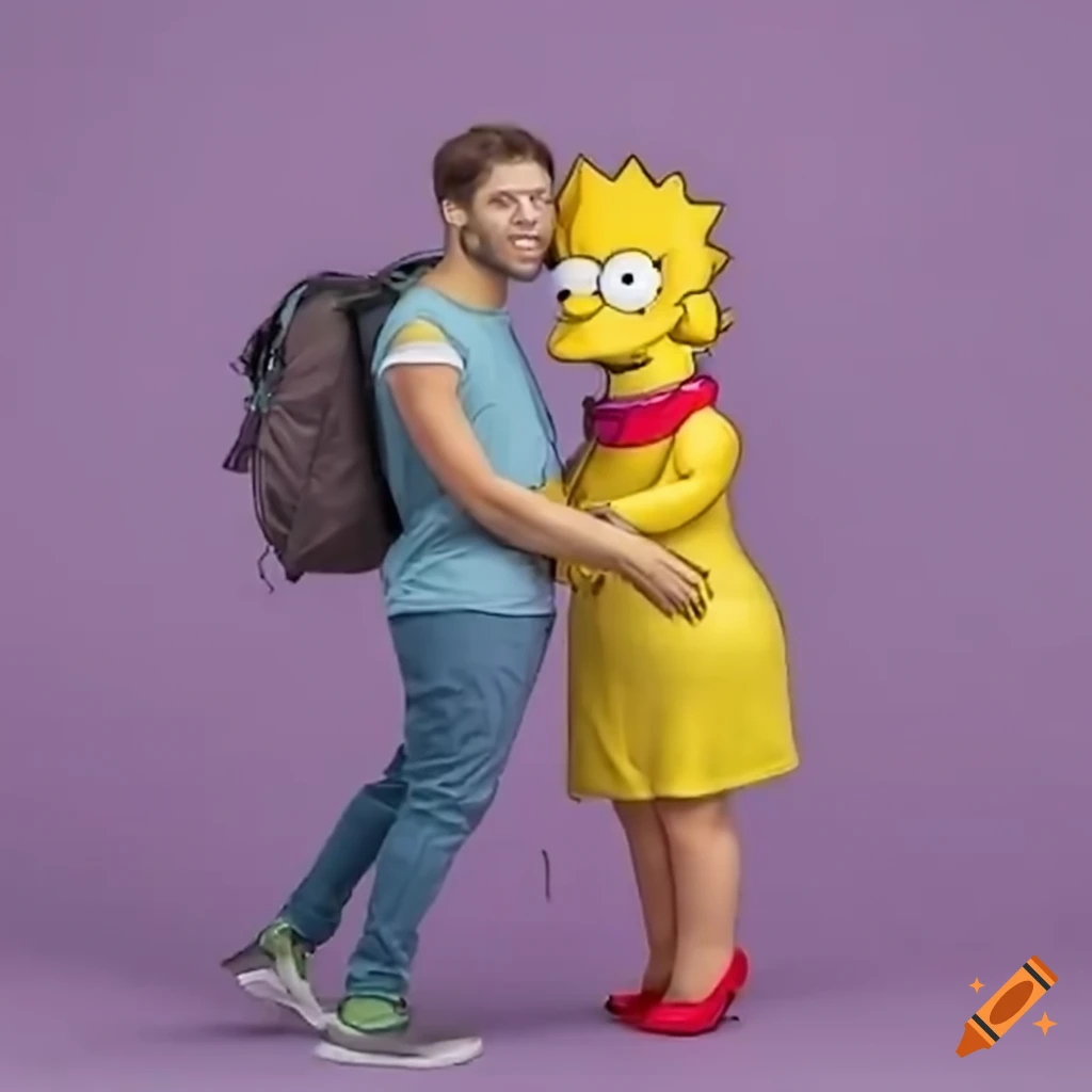 Lisa Simpson hugging and lifting a friendly young man with a backpack ...