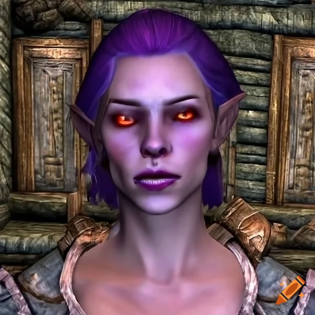 Skyrim dwemer woman with purple skin, dark hair, and orange handprint ...