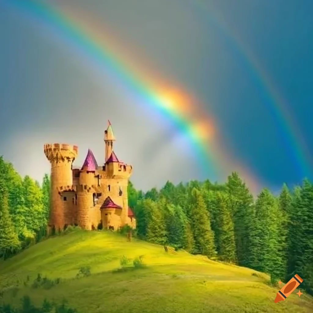 Rainbow over a castle in the forest on Craiyon