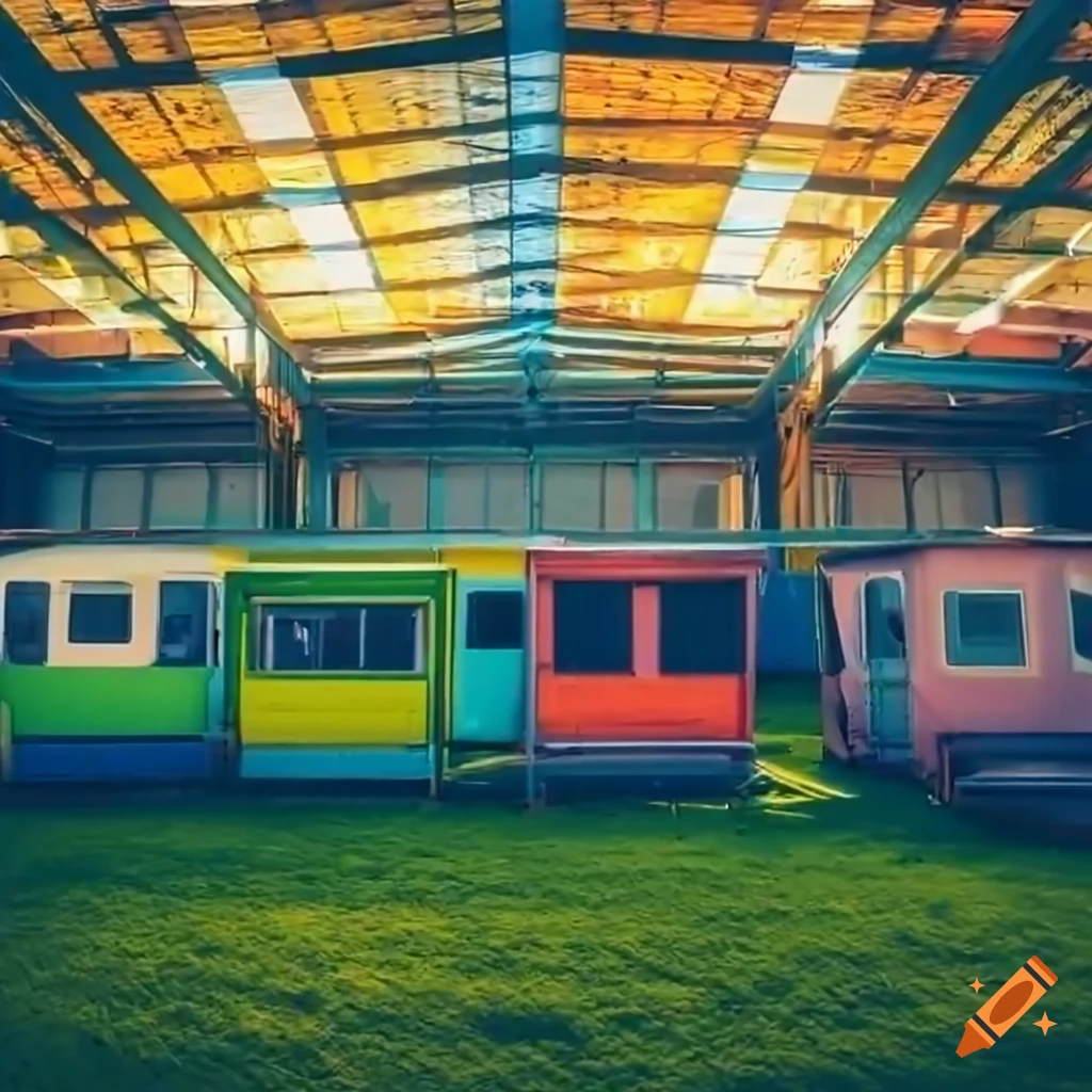 Colorful caravan inside a hangar with grass under sunny skies on Craiyon