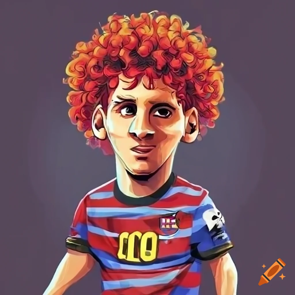 Cartoon drawing of messi with a tiger t-shirt and red curly hair on Craiyon