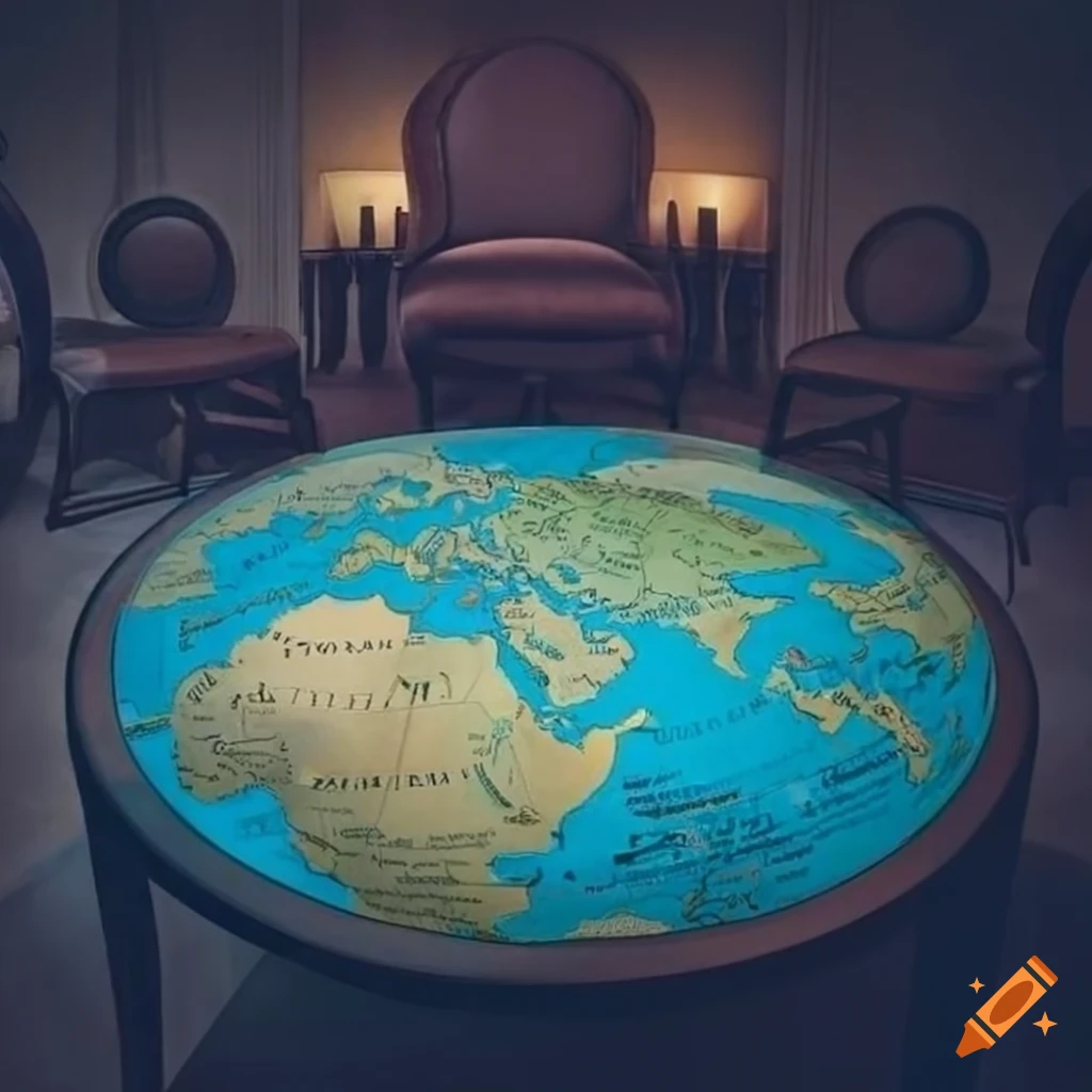 Circular table with chairs around and a map of the world as the ...