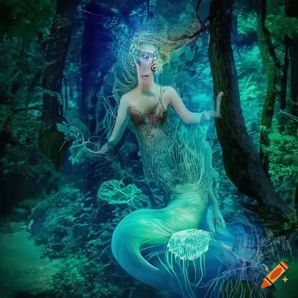 Mermaid cyborg fusion in a radiant forest, seamlessly blending reality ...