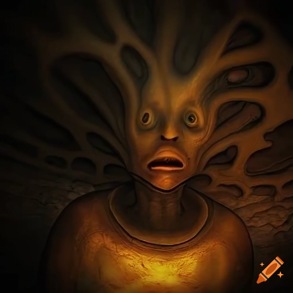 Surreal humanoid creature in adorned cavern with reflective patterns on ...