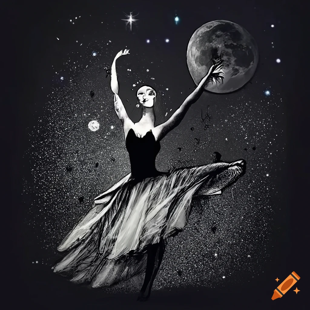 Ballet dancers in a celestial dreamscape influenced by the moon on Craiyon