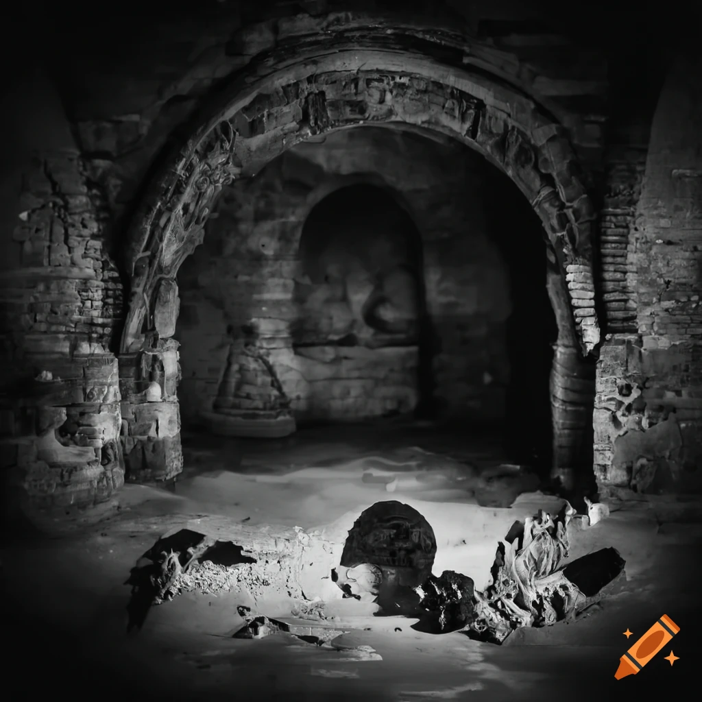 Dimly lit roman crypt filled with broken toys in black and white on Craiyon