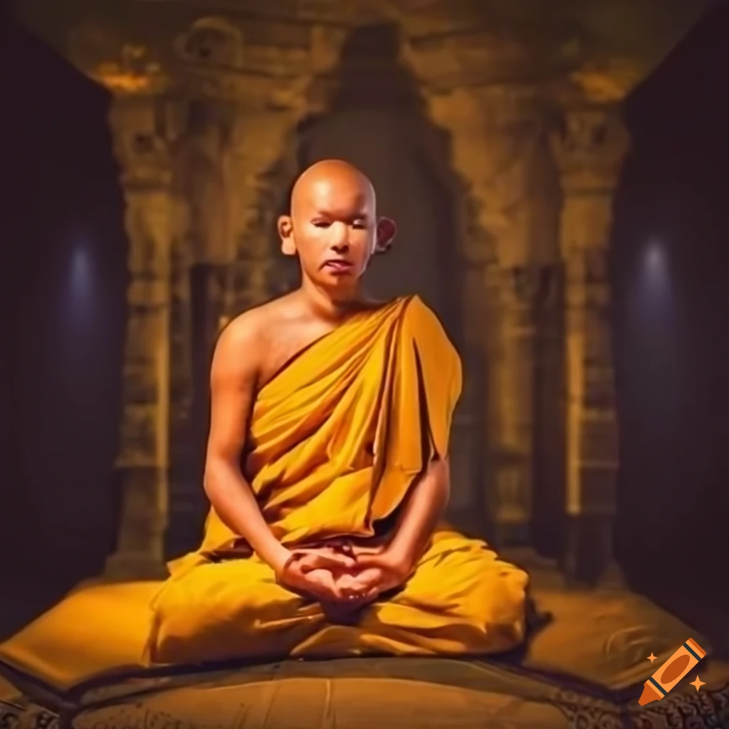 Spiritual monk meditating in an illuminated temple on Craiyon