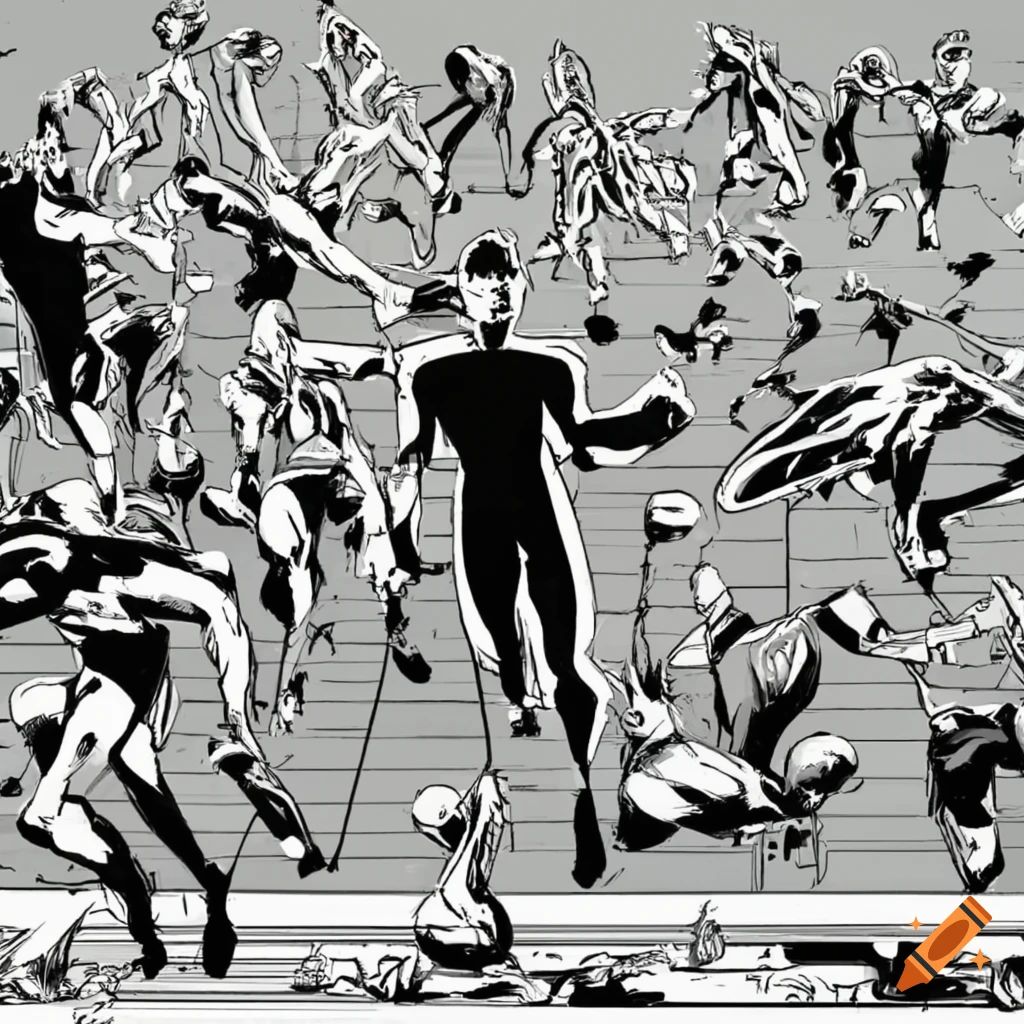 Man running in black and white comic panels on Craiyon