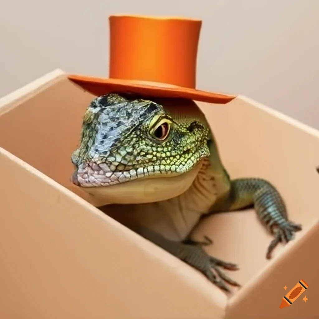 Large lizard wearing a top hat in a cardboard box on Craiyon