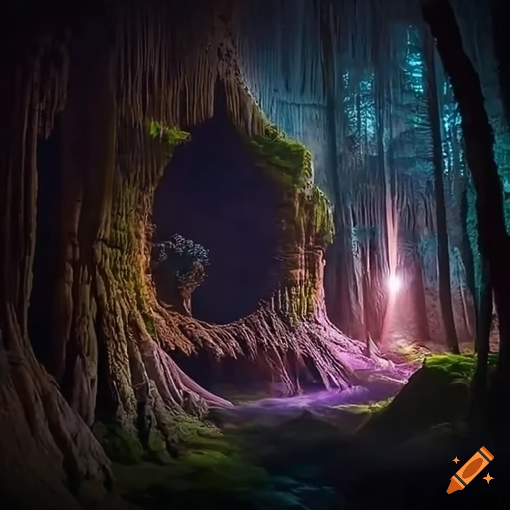 Forêt enchantée luxuriante avec une mystérieuse entrée de grotte on Craiyon