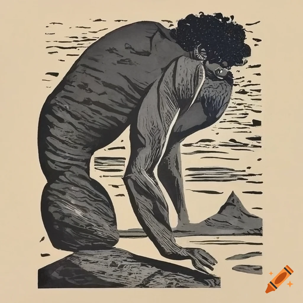 Hugo simberg linocut print of a man with curly gray hair and a massive ...