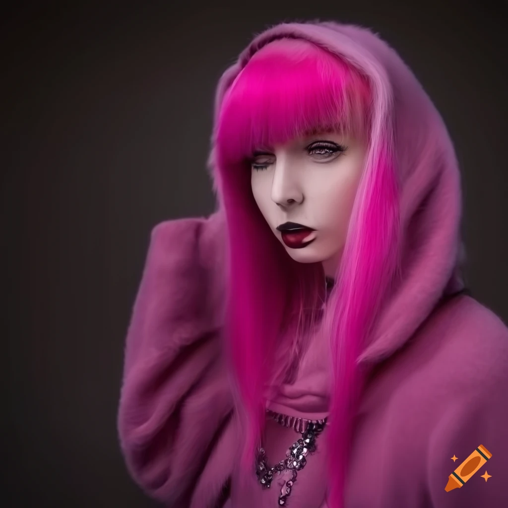Goth lady with long pink hair wearing a luxurious fuzzy angora hoodie ...
