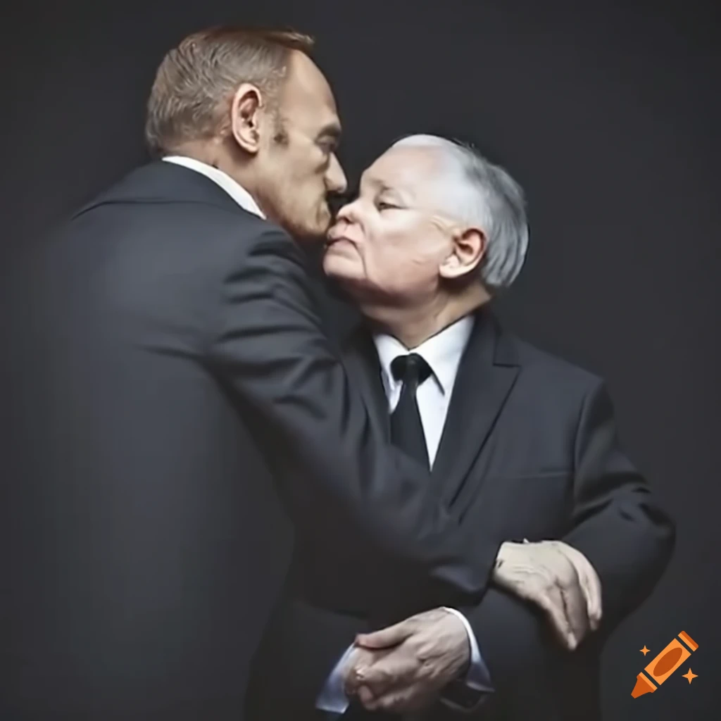 Satirical image of jarosław kaczyński kissing donald tusk on Craiyon
