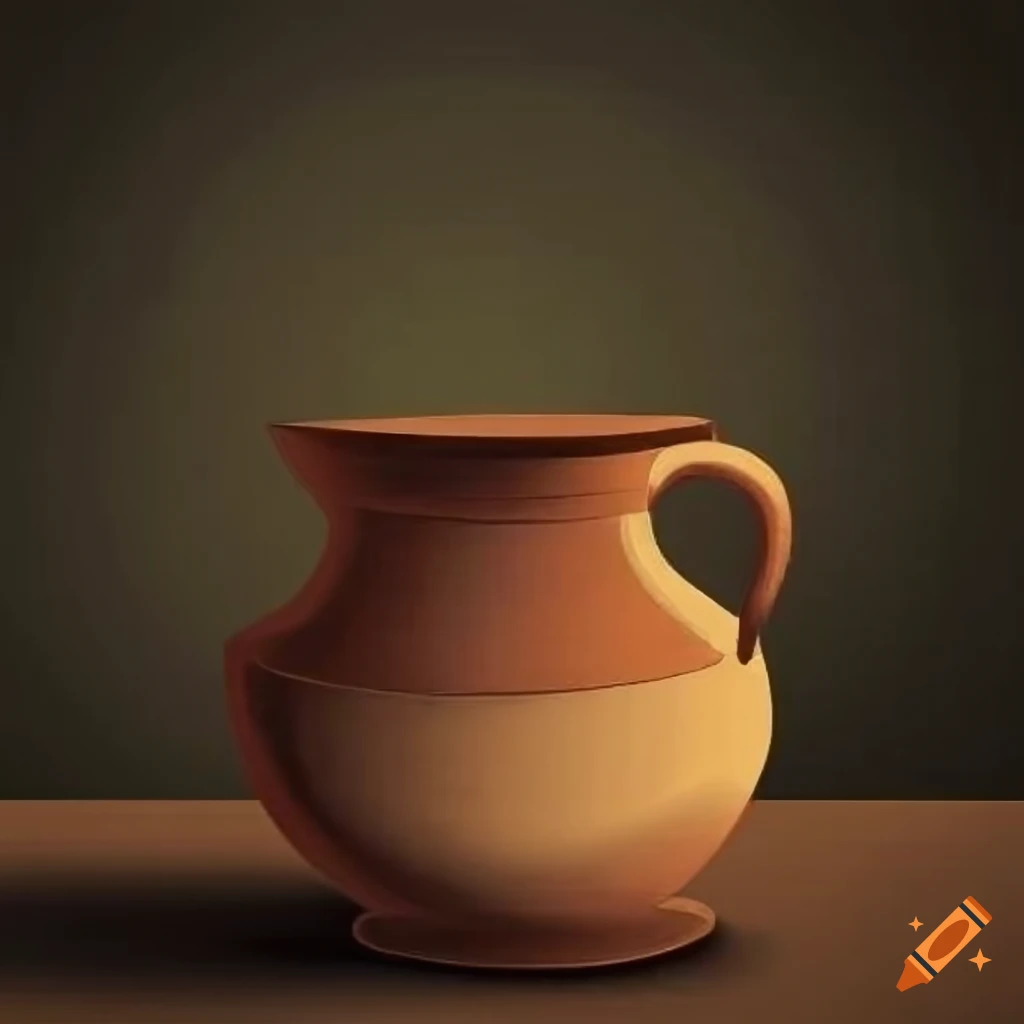Simple renaissance drawing of a pot on a table with a hillside ...