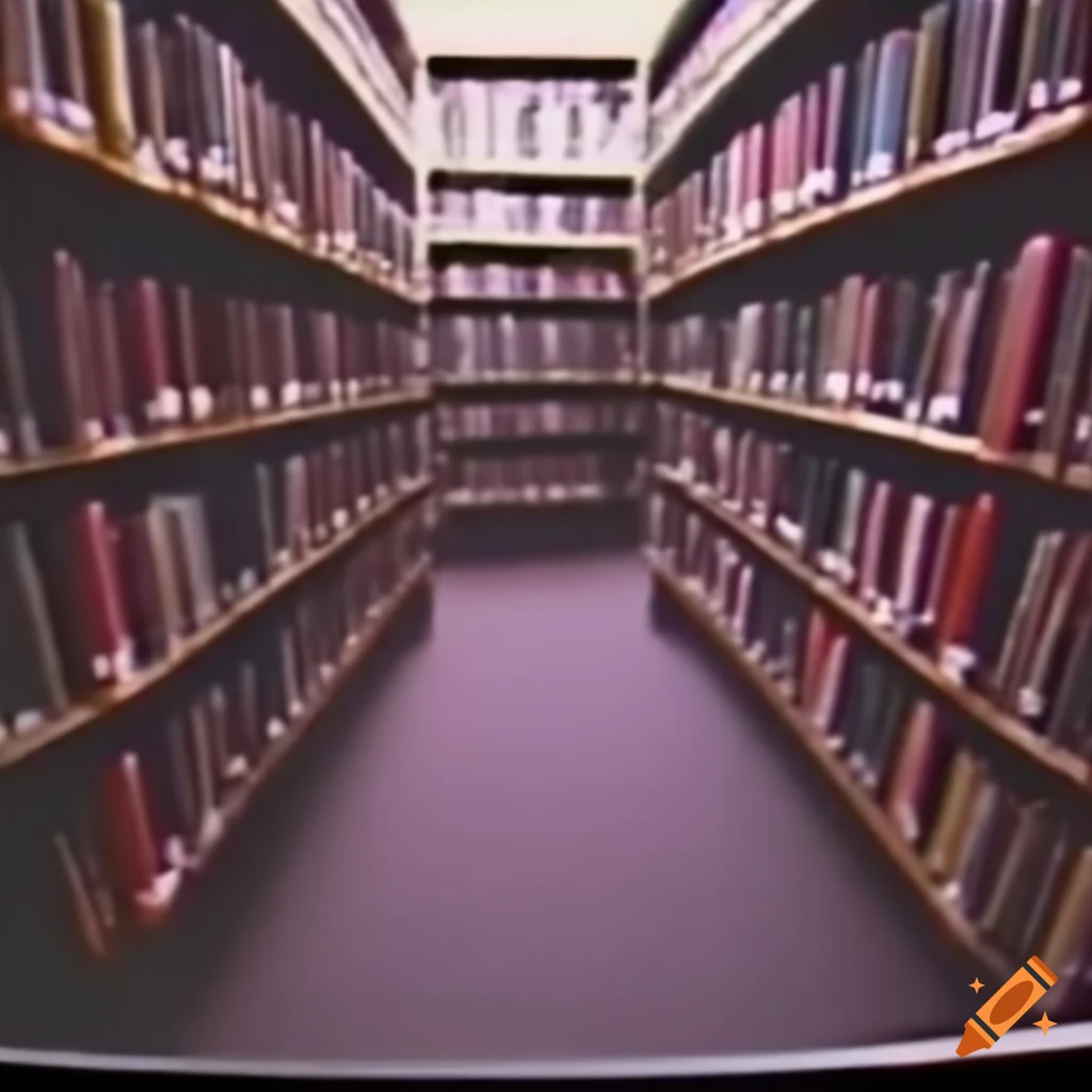 Library interior with vhs effect and slight fisheye lens on Craiyon