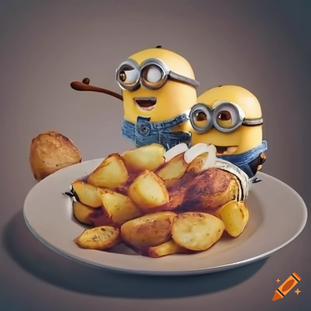 Group of minions with a plate of roasted potatoes on Craiyon