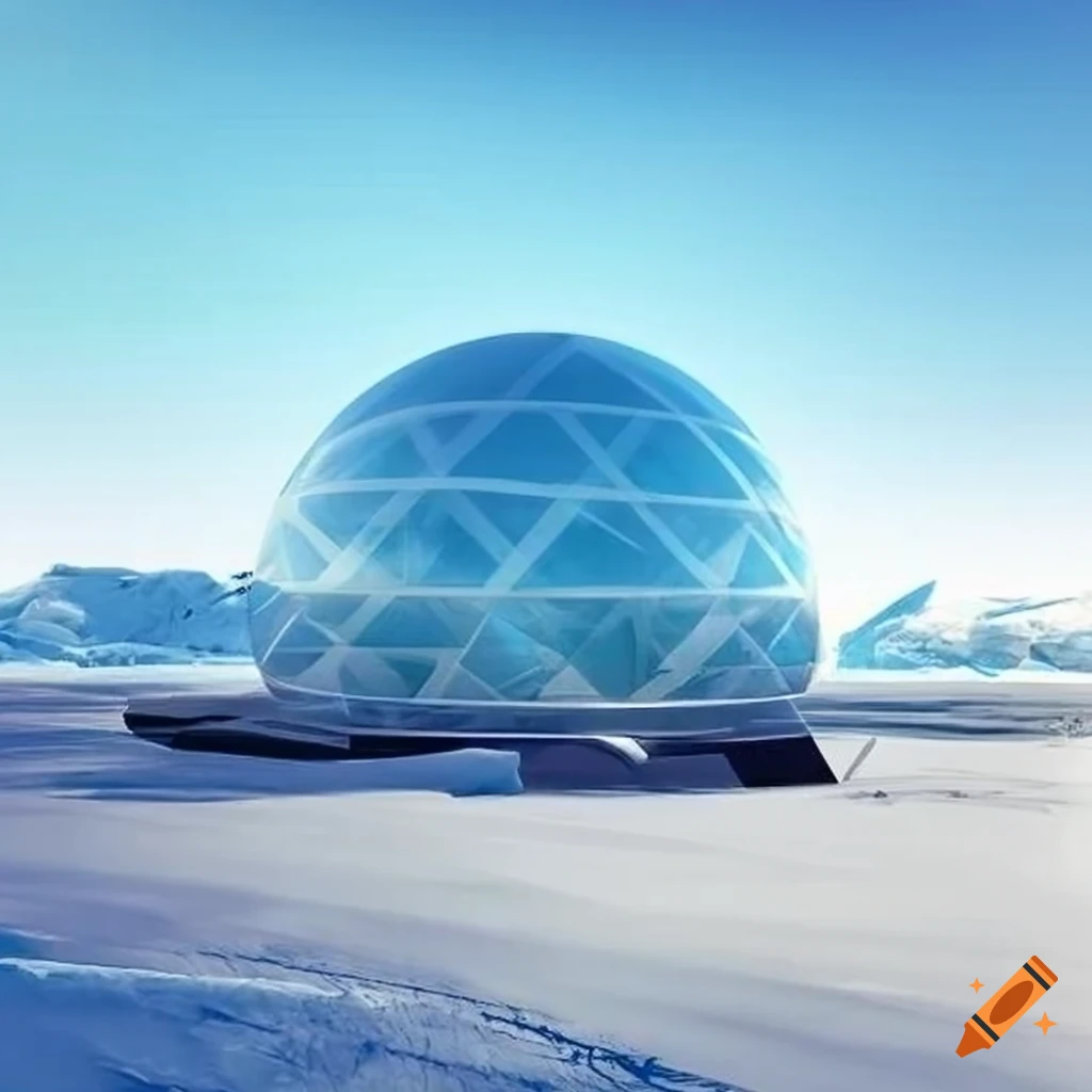 Half-sphere glass dome in the icy landscape of antarctica on Craiyon