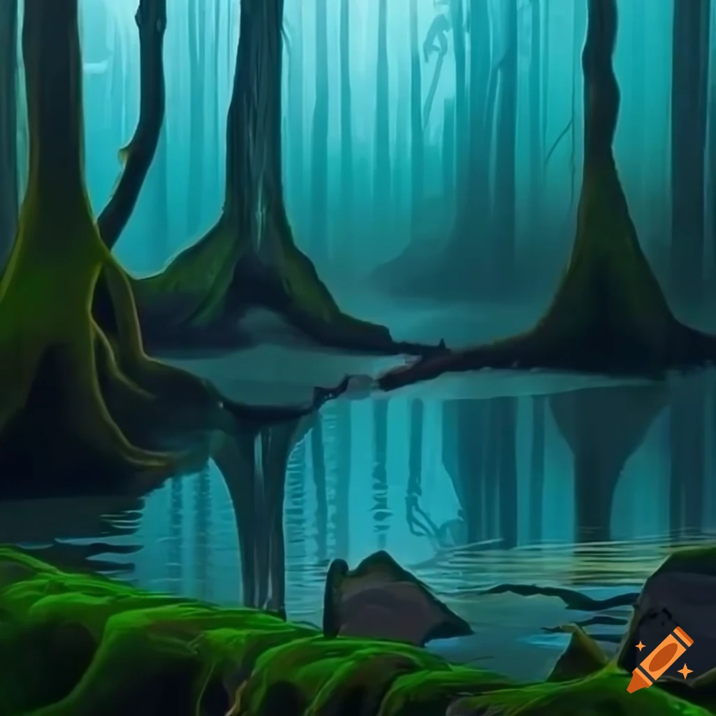 Enchanted saltwater mountain lake surrounded by an eerie forest at the ...
