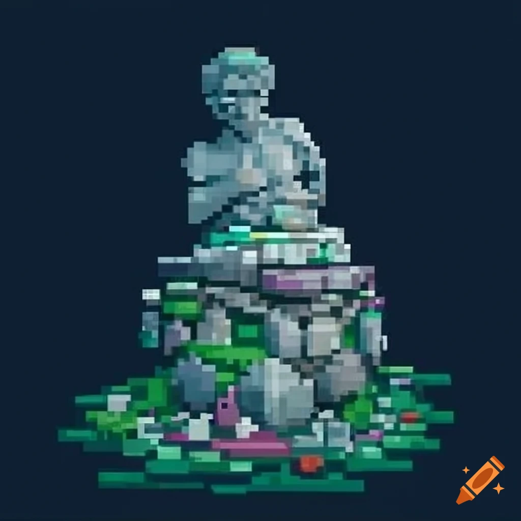 Pixel art of a stone statue in an enchanted forest with tiny grey ...