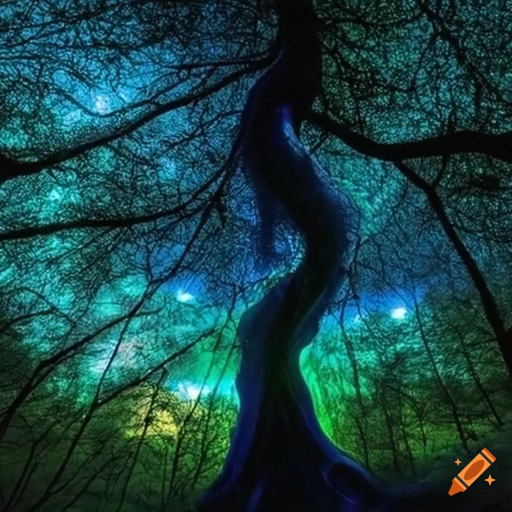 Alien environment with bioluminescent trees communicating through ...