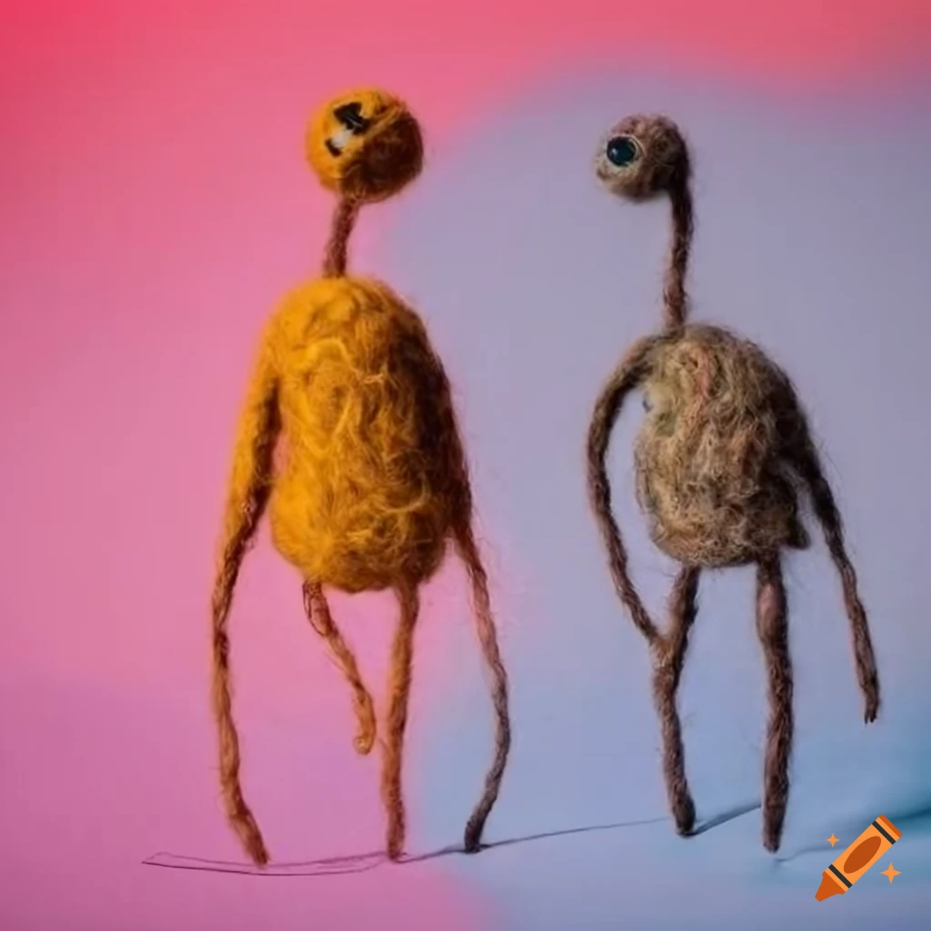 Felted wool creatures wearing stylish human clothing on a colorful ...
