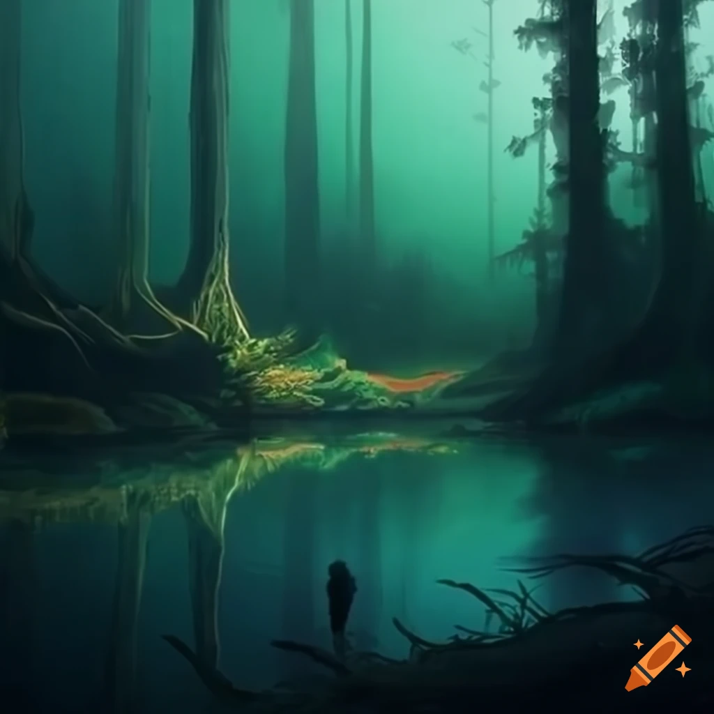 Enchanted saltwater mountain lake surrounded by an eerie forest at the ...