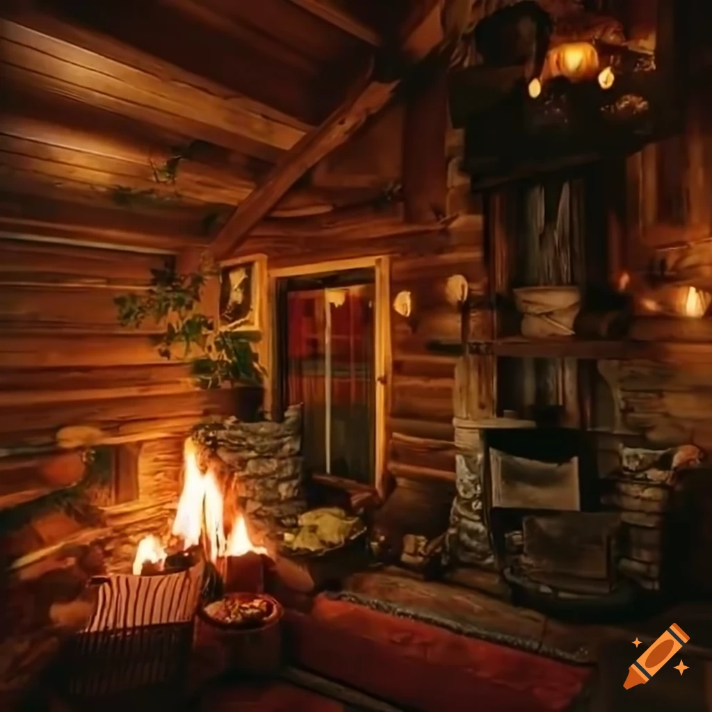 Cozy cabin with roaring fire, candles, and colorful furniture on Craiyon