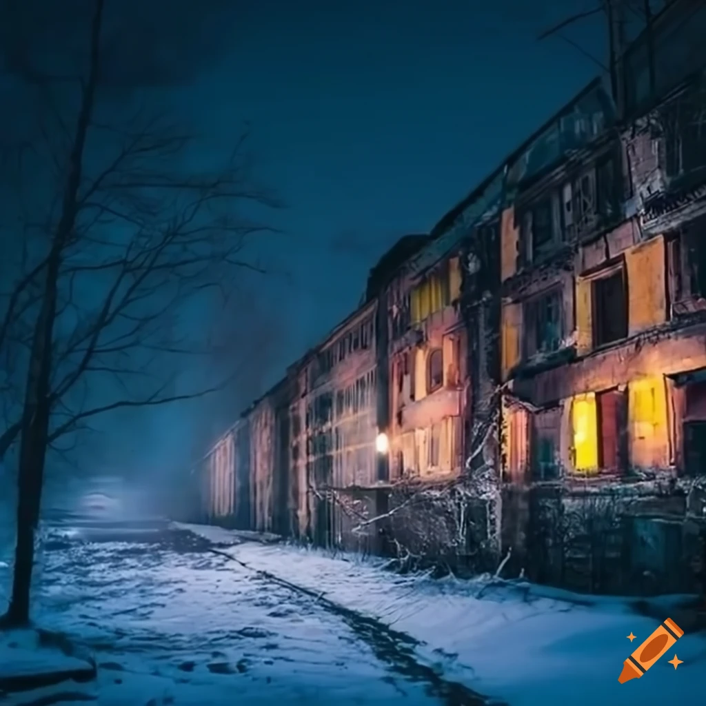 Abandoned soviet town at night in winter on Craiyon