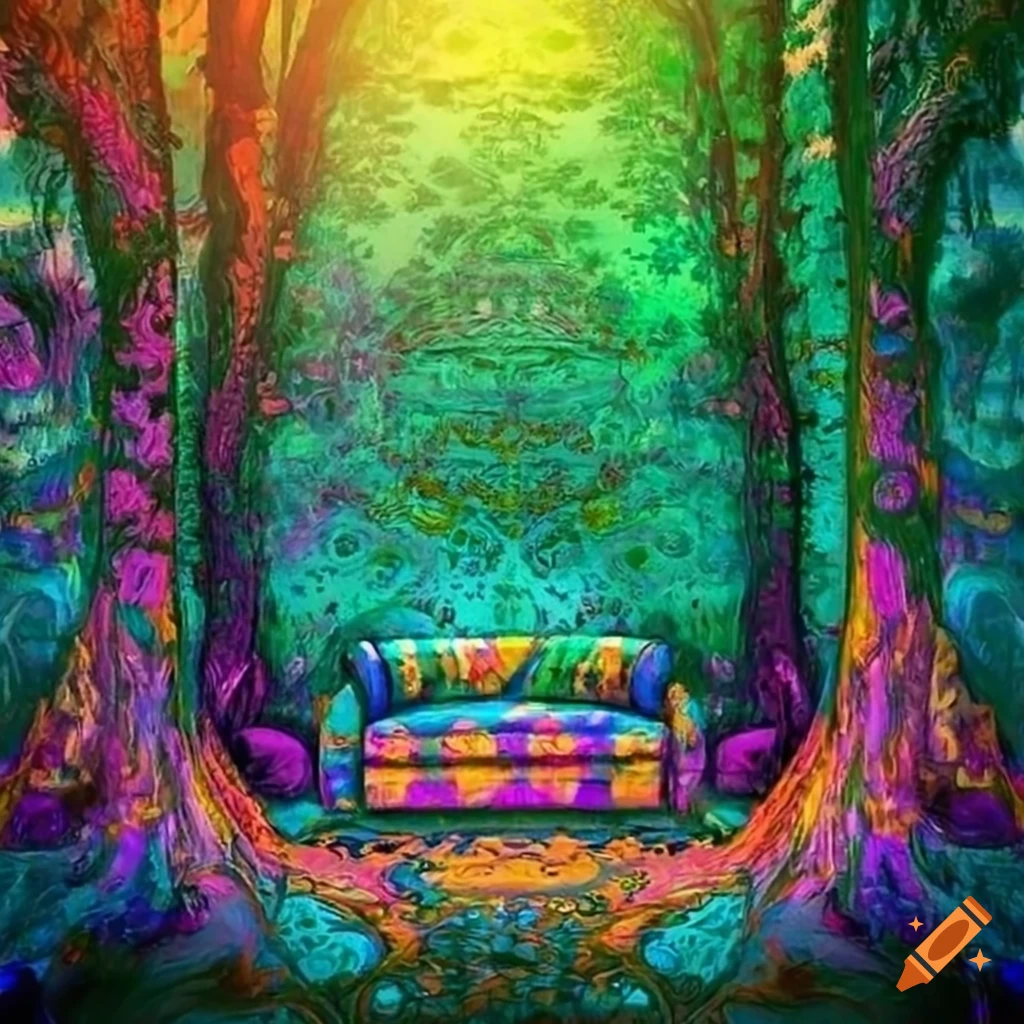 Psychedelic couch in a grove of trees on Craiyon
