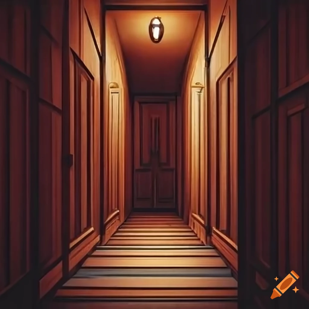 Suspenseful comic artwork of a shadowy corridor in a luxurious home ...