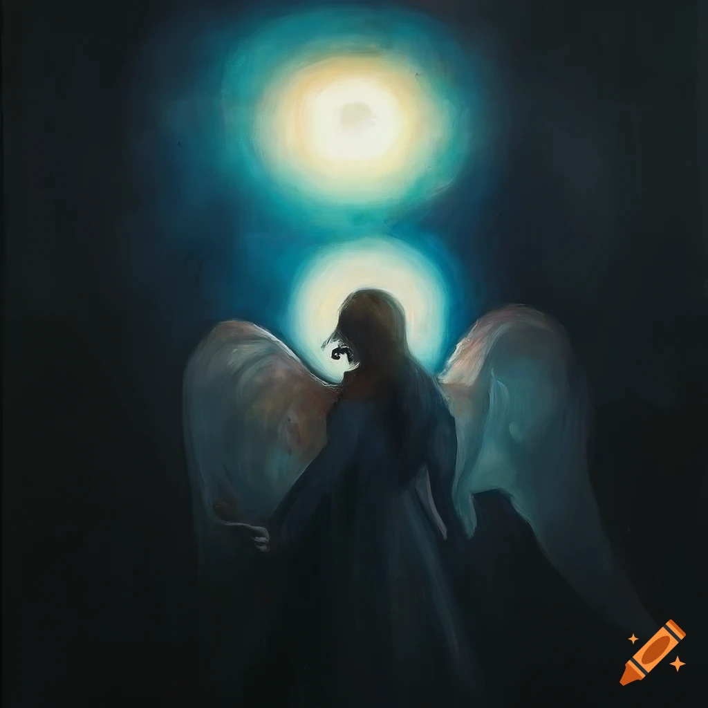 Translucent angel with shining halo in a moody painting by peter ...