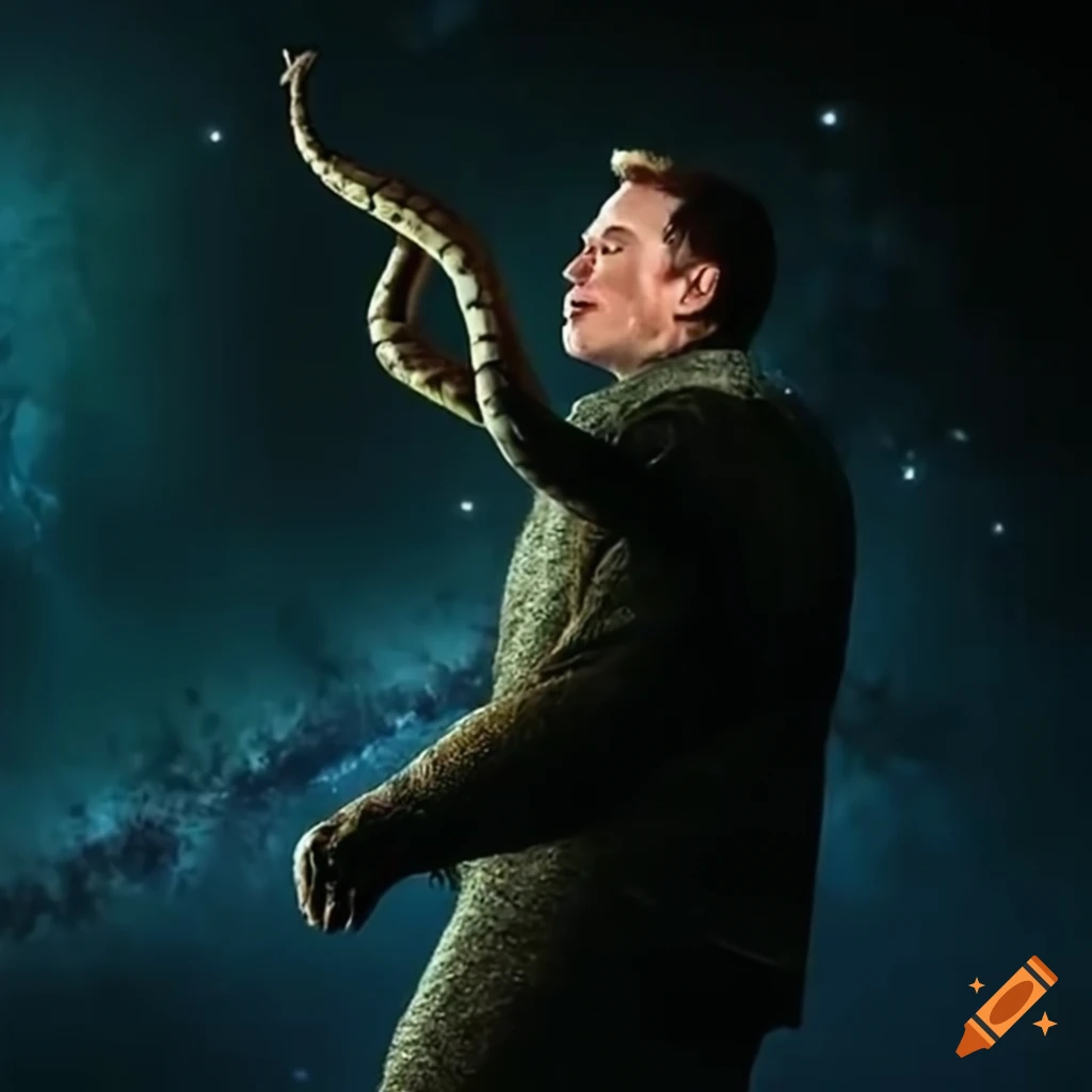 Reptiloid elon musk with a snake on his shoulder under the night sky on ...