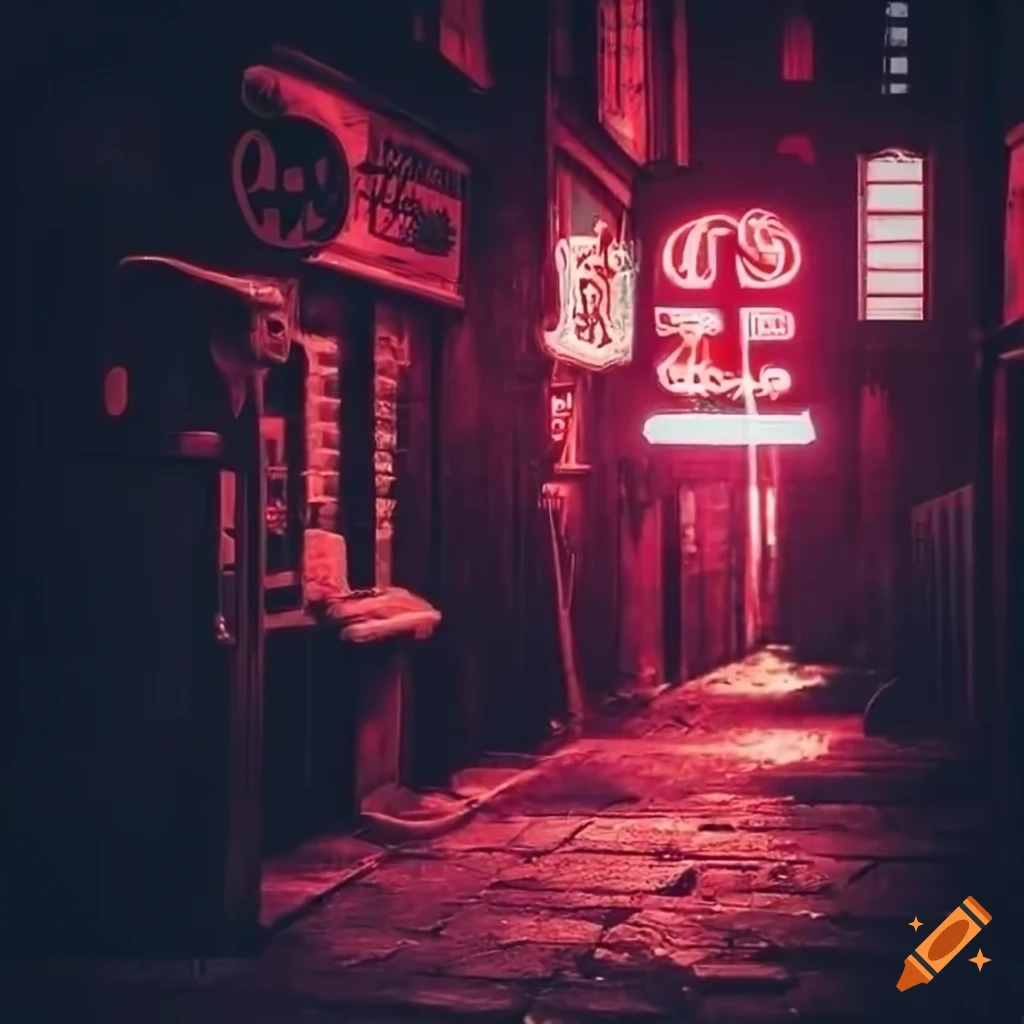 Moody and mysterious alley with vintage-style claw machines and neon ...