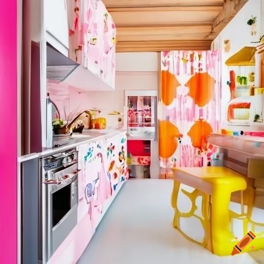 Vibrant kitchen aisle with modern tools and girly accents on Craiyon