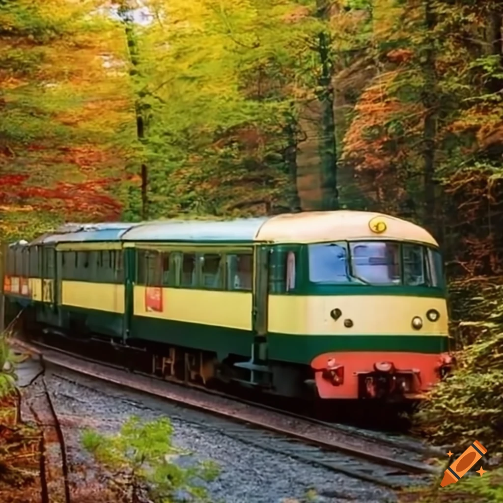 1960s diesel multiple unit travelling through a forest on Craiyon