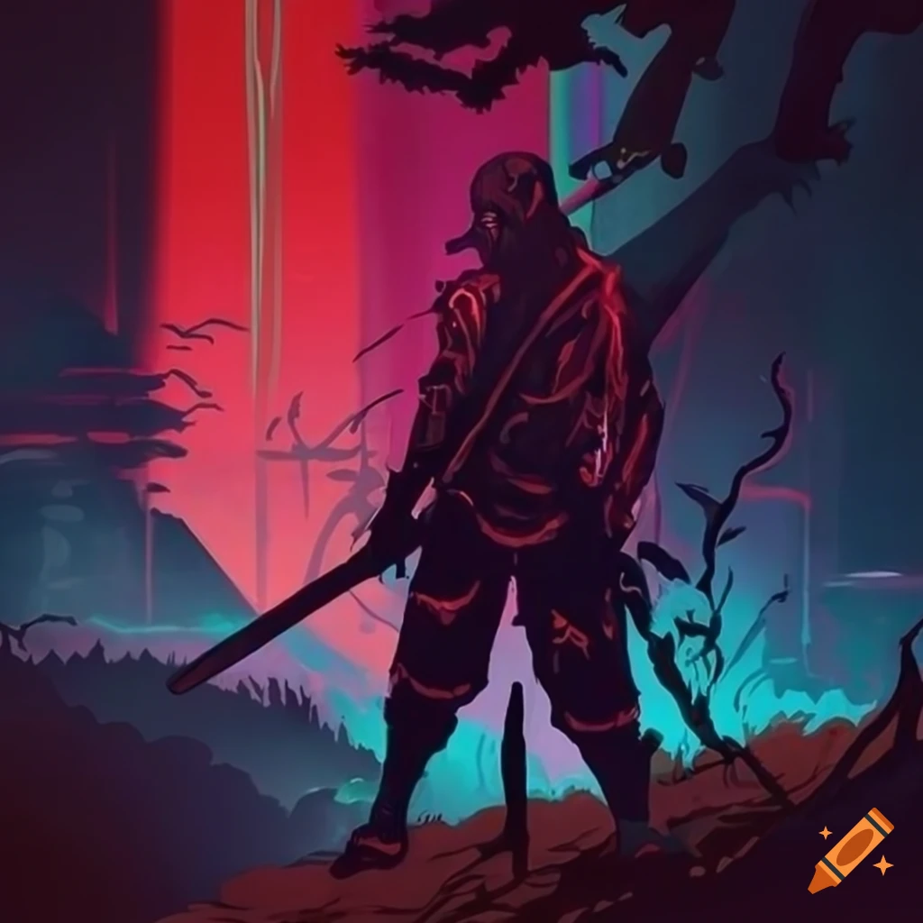 Black ninja in a neon japanese-style landscape on Craiyon
