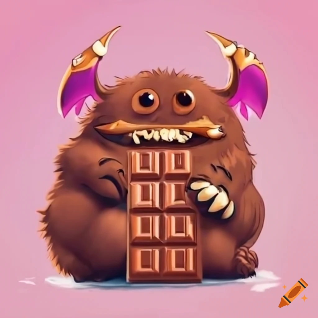 Adorable fluffy monster enjoying a chocolate bar on Craiyon