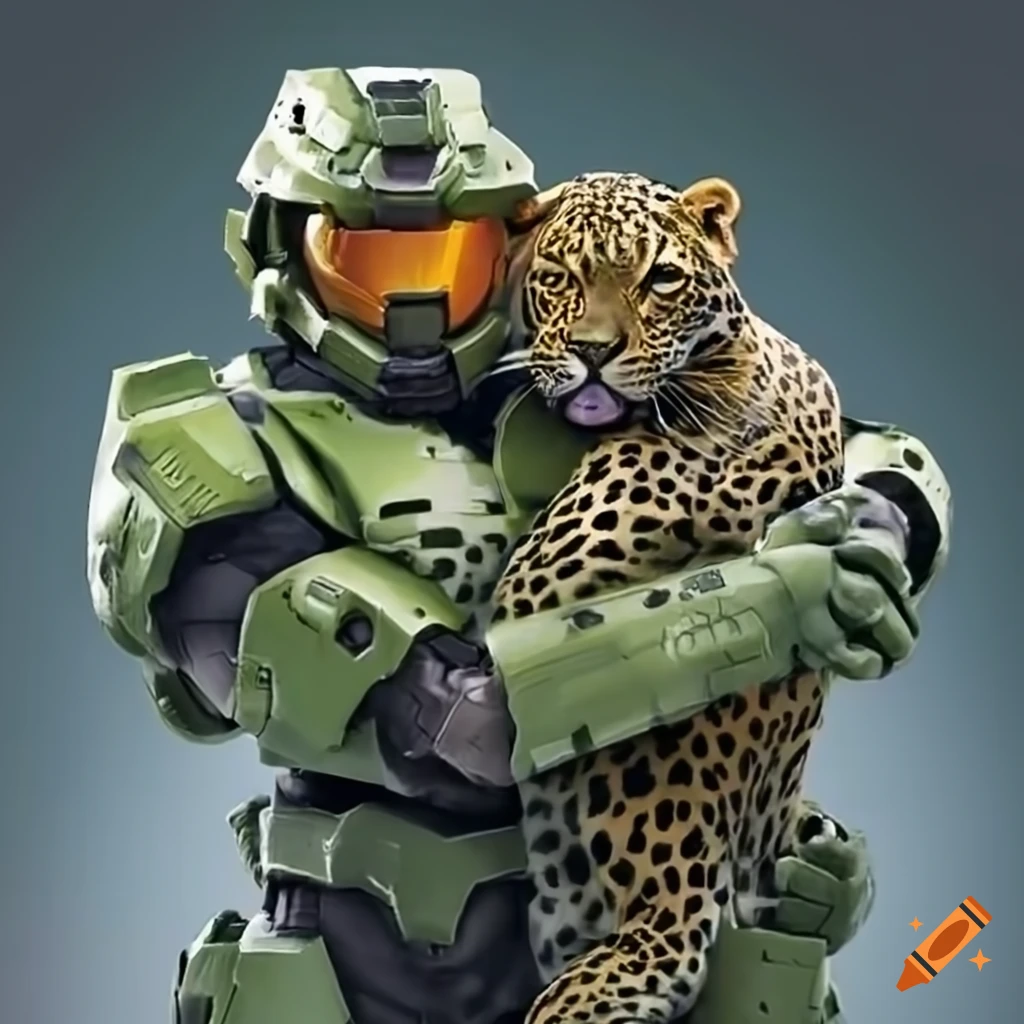 Master chief hugging a leopard on Craiyon