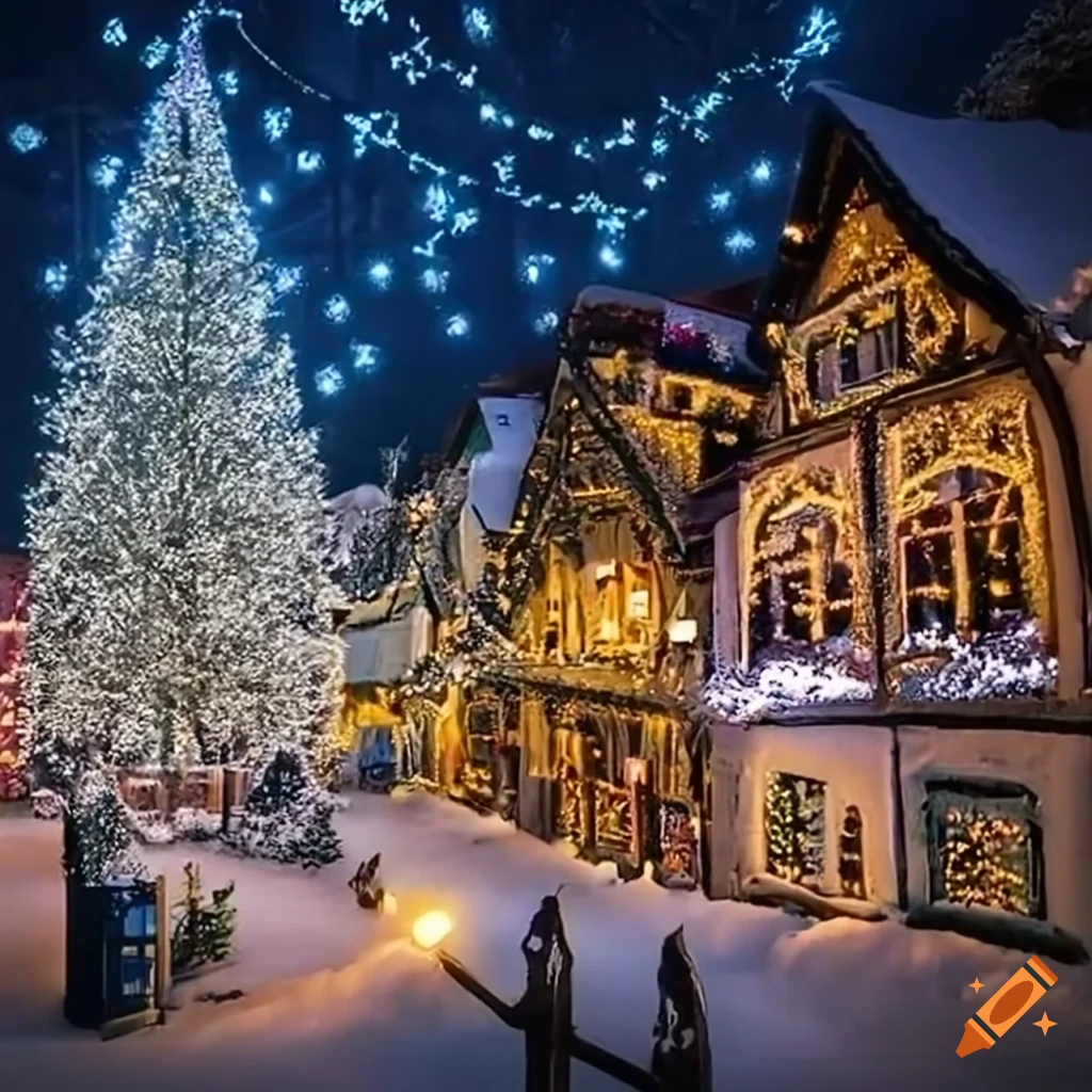 Idyllic christmas village with twinkling lights and holiday cheer on ...