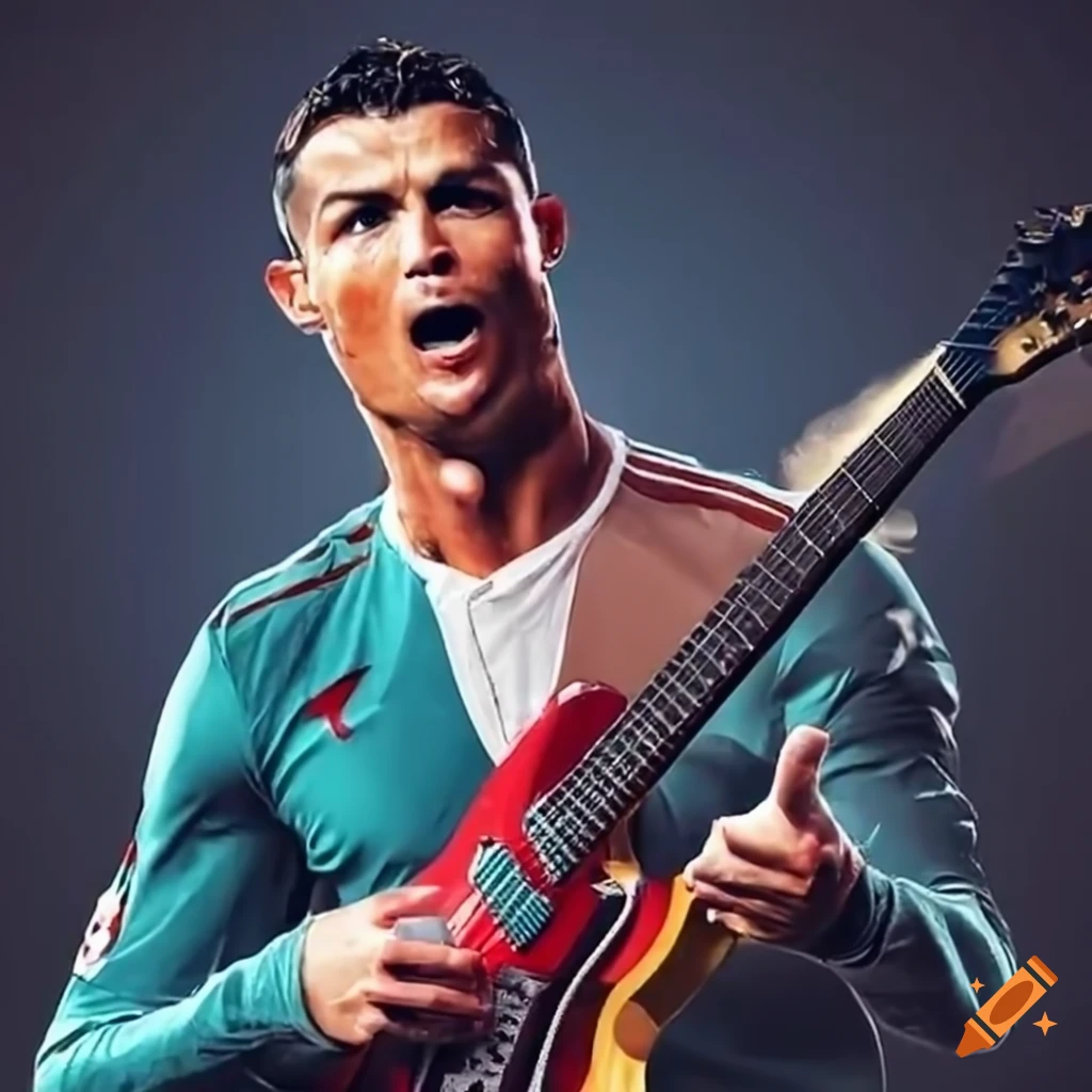 Ronaldo singing with a microphone and Messi playing electric guitar on ...