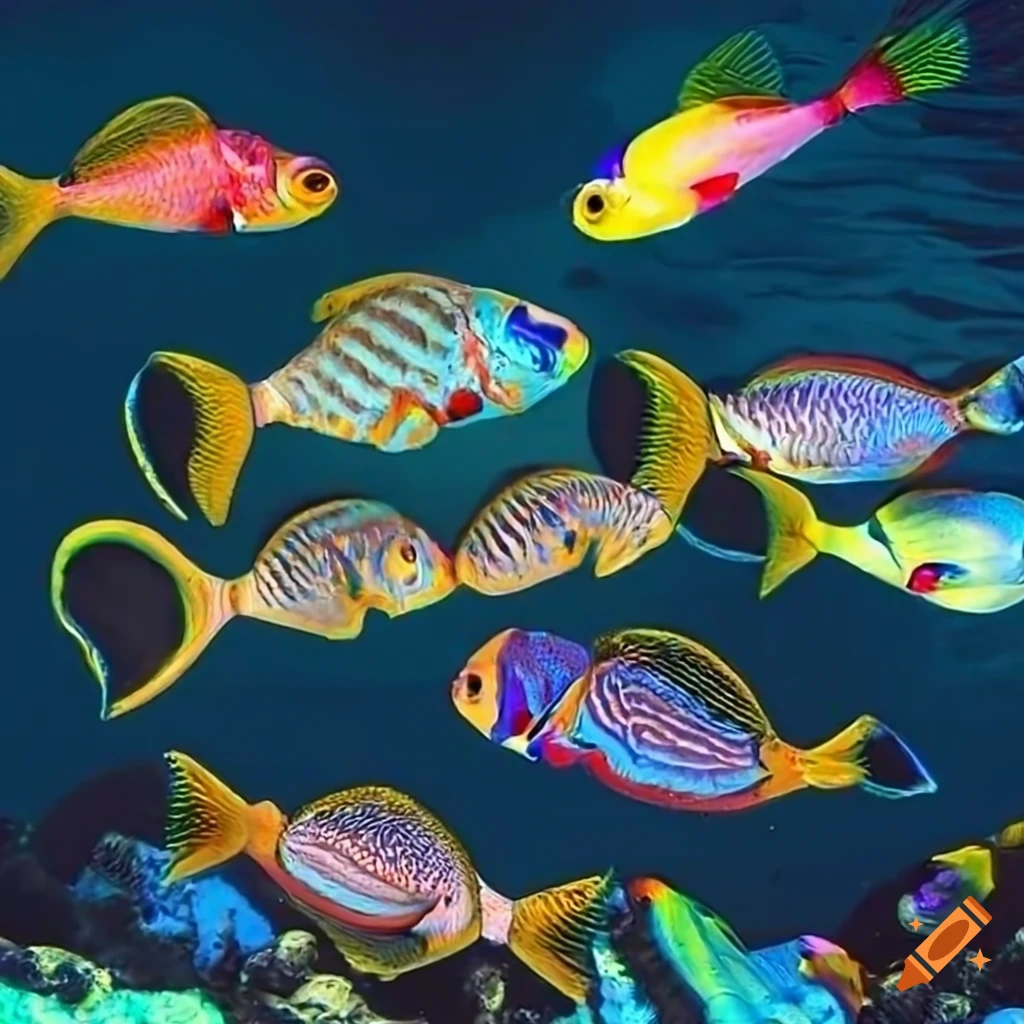 Group of vibrant exotic fish in hyper-sharp microphotorealistic ...