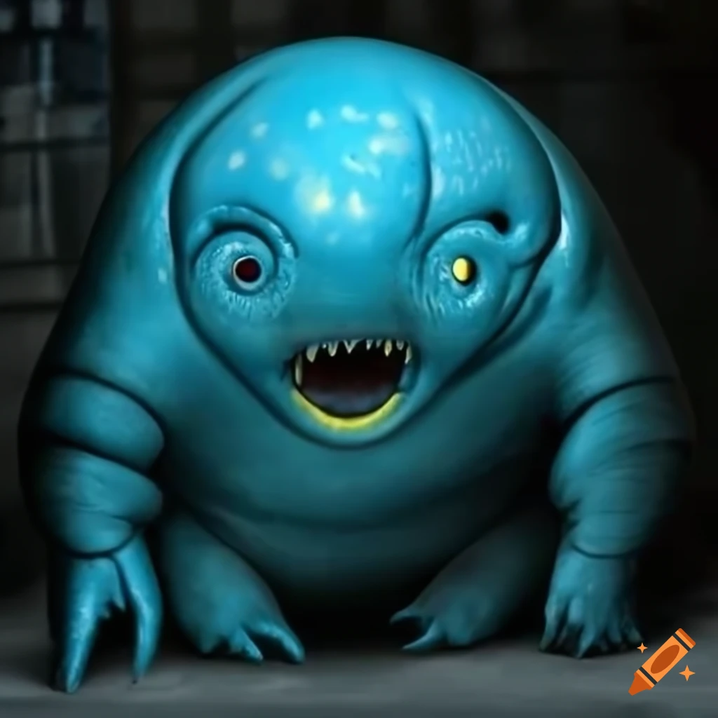 Blue shiny blob creature with yellow eyeball in a dark sci-fi lab on ...