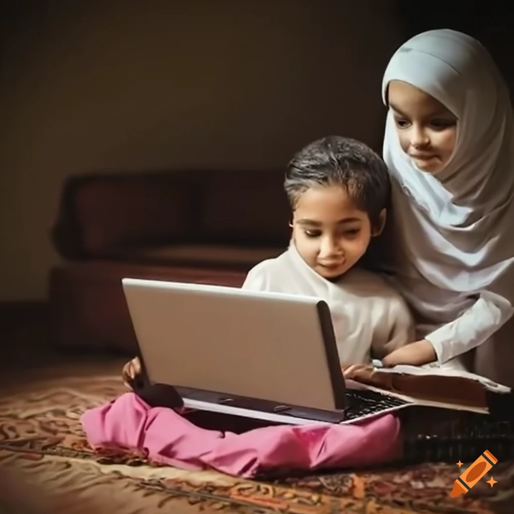 Kids reading quran on a laptop on Craiyon