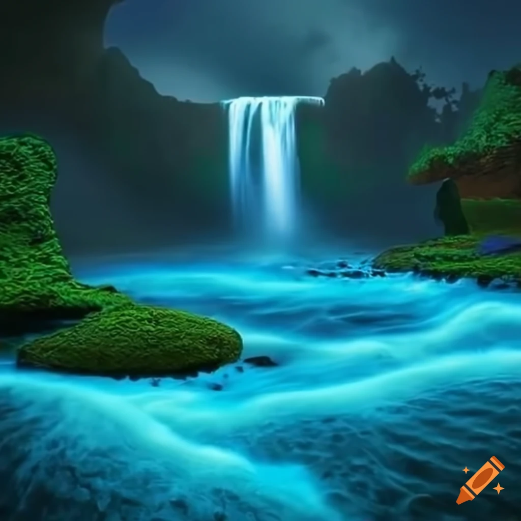 Surreal landscape with upward flowing waterfall and floating islands ...