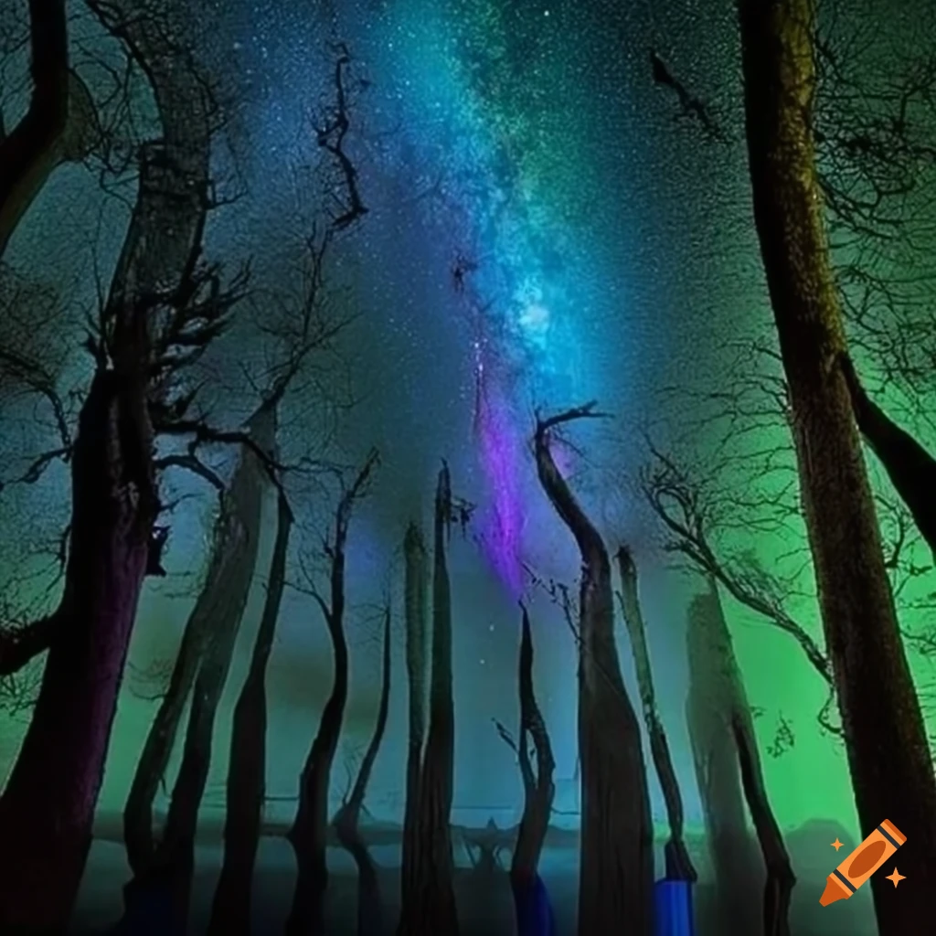 Alien environment with bioluminescent trees communicating through ...