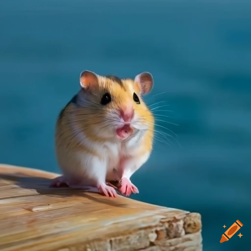 Light-colored hamster standing at the edge plank to jump into the sea ...