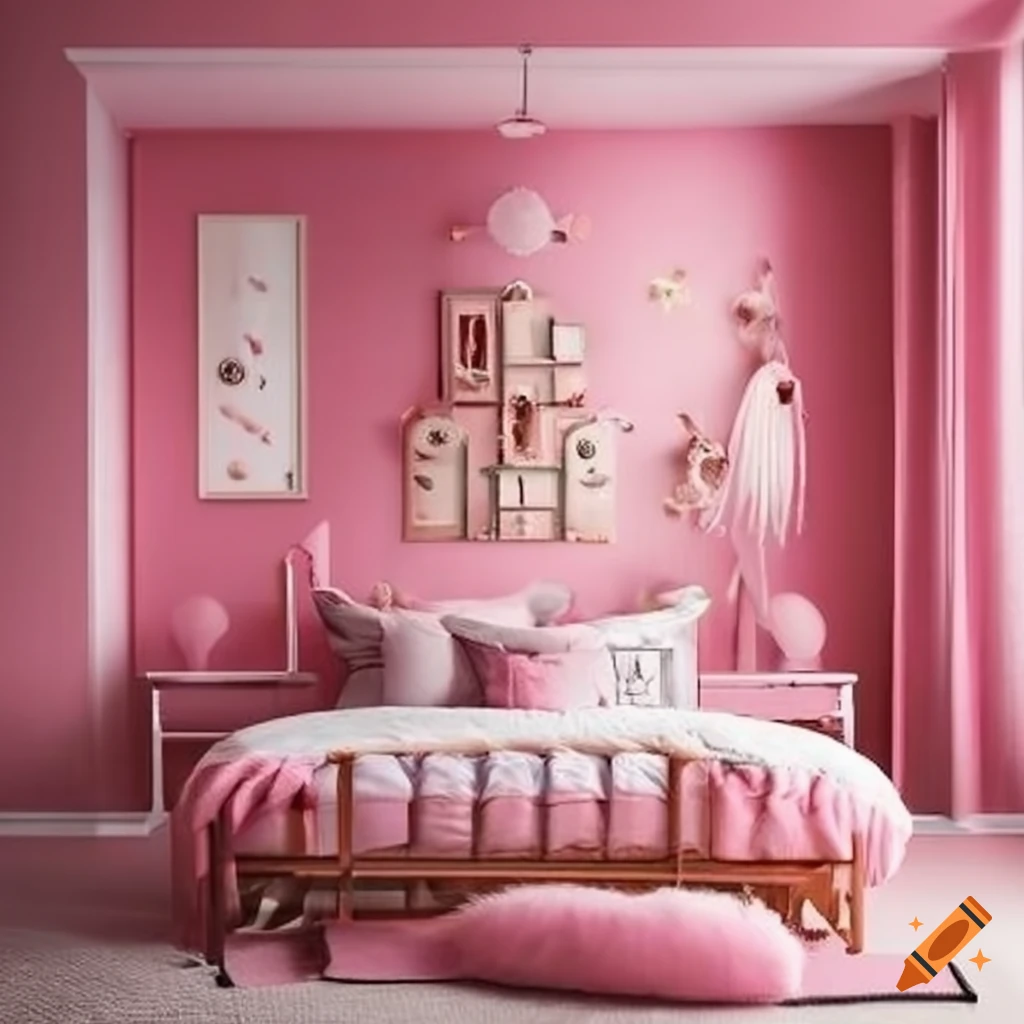 Cozy bedroom with Asian-inspired furniture and pink furry walls on Craiyon