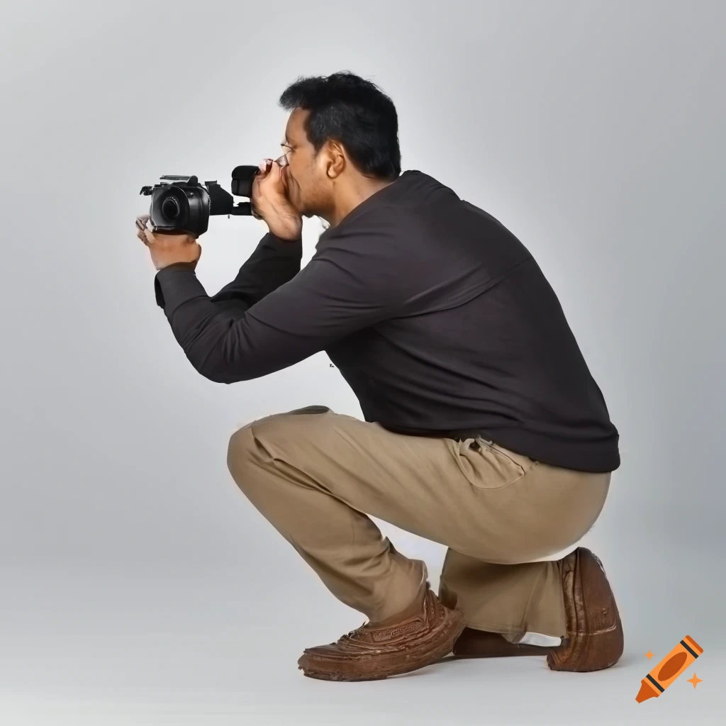 Indian man crouching and taking a photograph on Craiyon