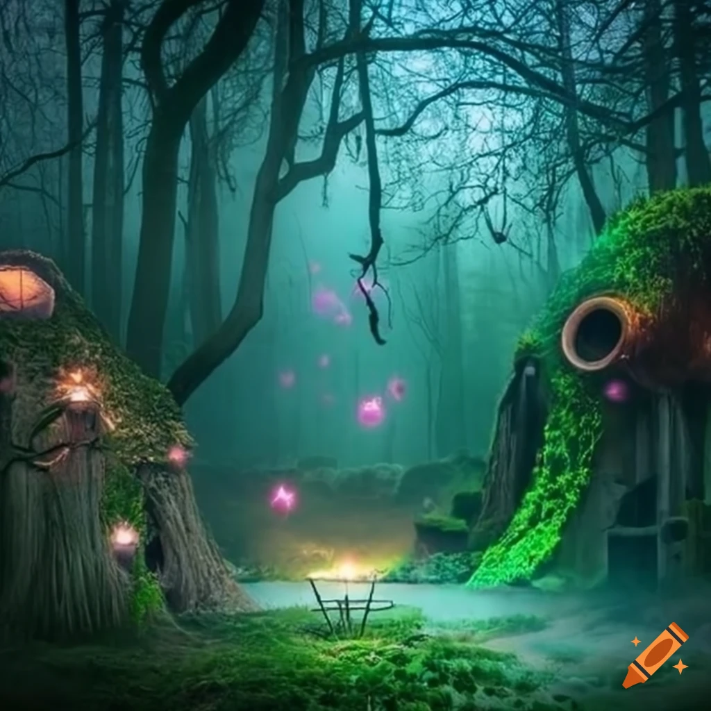 Imaginative building on the edge of an enchanted forest on Craiyon