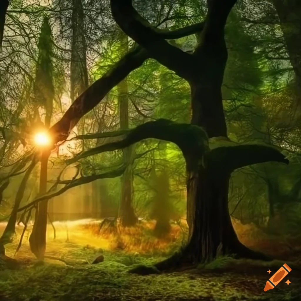 Wide sprawling tree at the edge of a bright enchanted forest in midday ...